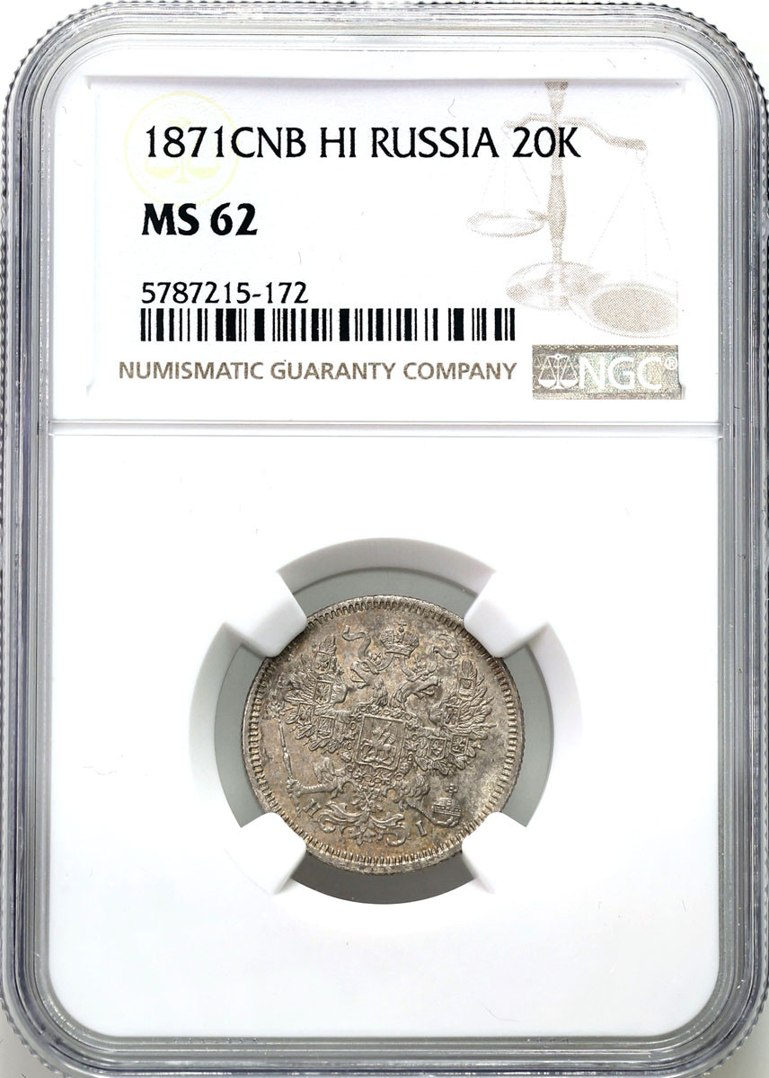 Rosja. Aleksander II. 20 kopiejek 1871 НI, Petersburg NGC MS62 - PIĘKNE | archiwum.niemczyk.pl